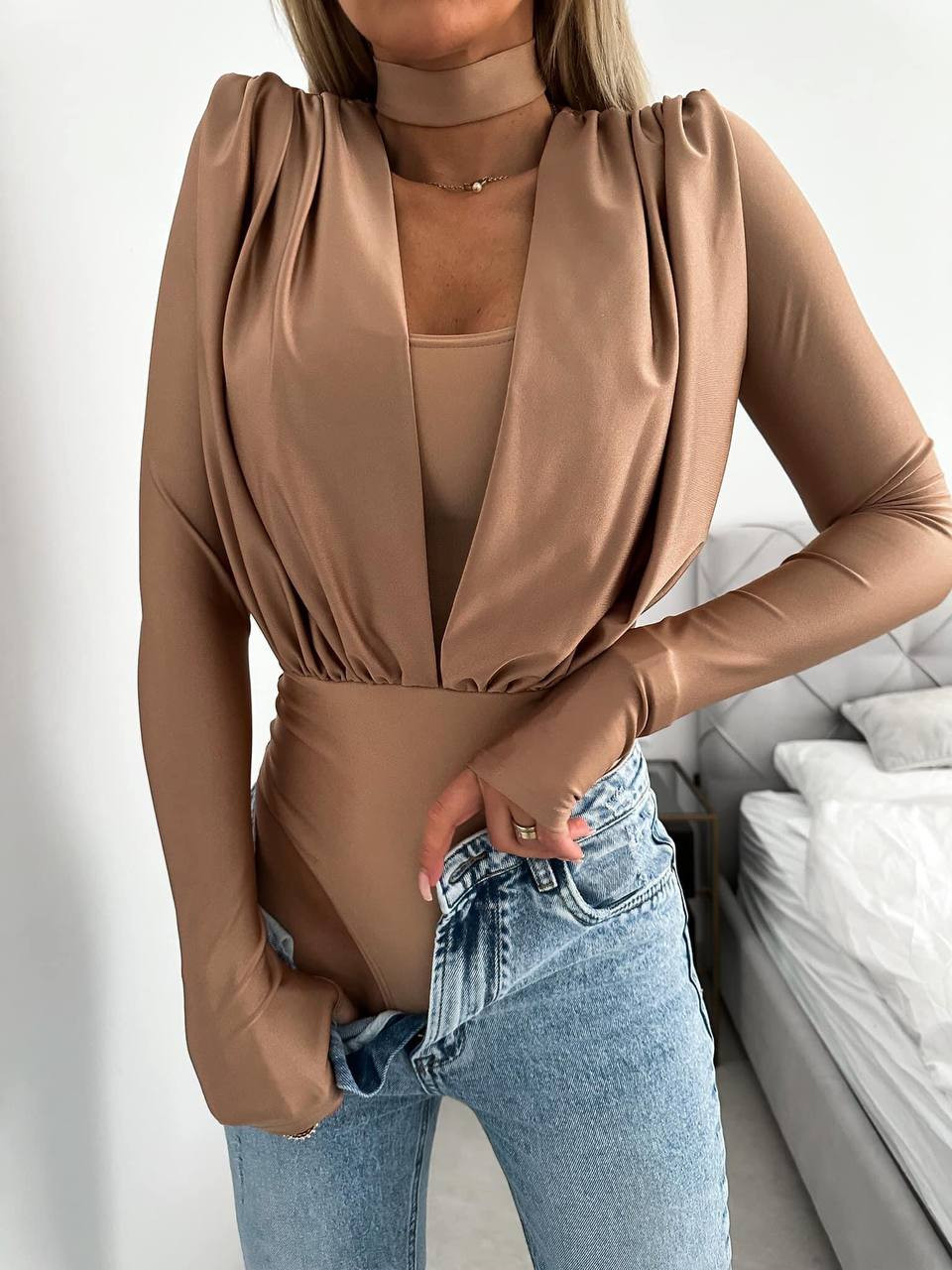 Дамско ефектно боди H3393 камел